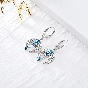 Celtic Moon Earrings 925 Sterling Silver Crescent Moon Leverback Dangle Drop Earrings with Simulated Aquamarine Birthstone Crystal Celtic Irish Jewelry Gifts for Women