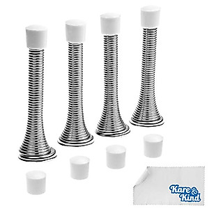 Kare & Kind 4X Spring Door Stoppers (Silver) - Screw-in Flexible Steel Stoppers with White Rubber Bumper Tips - Protect Walls from Bumps, Marks and Damages - Kid and Pet Safe - for Homes, Offices