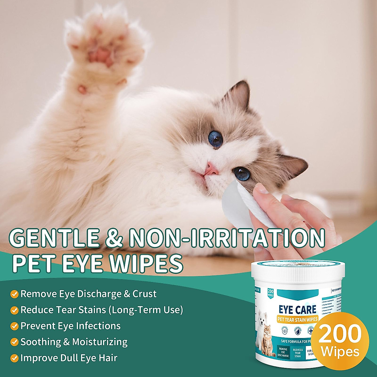VICSOM Eye Wipes for Dogs & Cats, 200 Pcs Cat Dog Eye Wipes Tear Stain Remover, Pet Eye Wipes Presoaked & Textured Eye & Face Wipes, Gently Remove Eye Debris, Discharge, Mucus Secretions