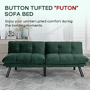 Sudwesto 70.87'' Futon Sofa Bed, Velvet Upholstered Convertible Sofa Bed with Adjustable Armrests and Backrest, Button Tufted Sleeper Sofa Bed with Iron Legs, Fold Sofa Bed (Emerald)