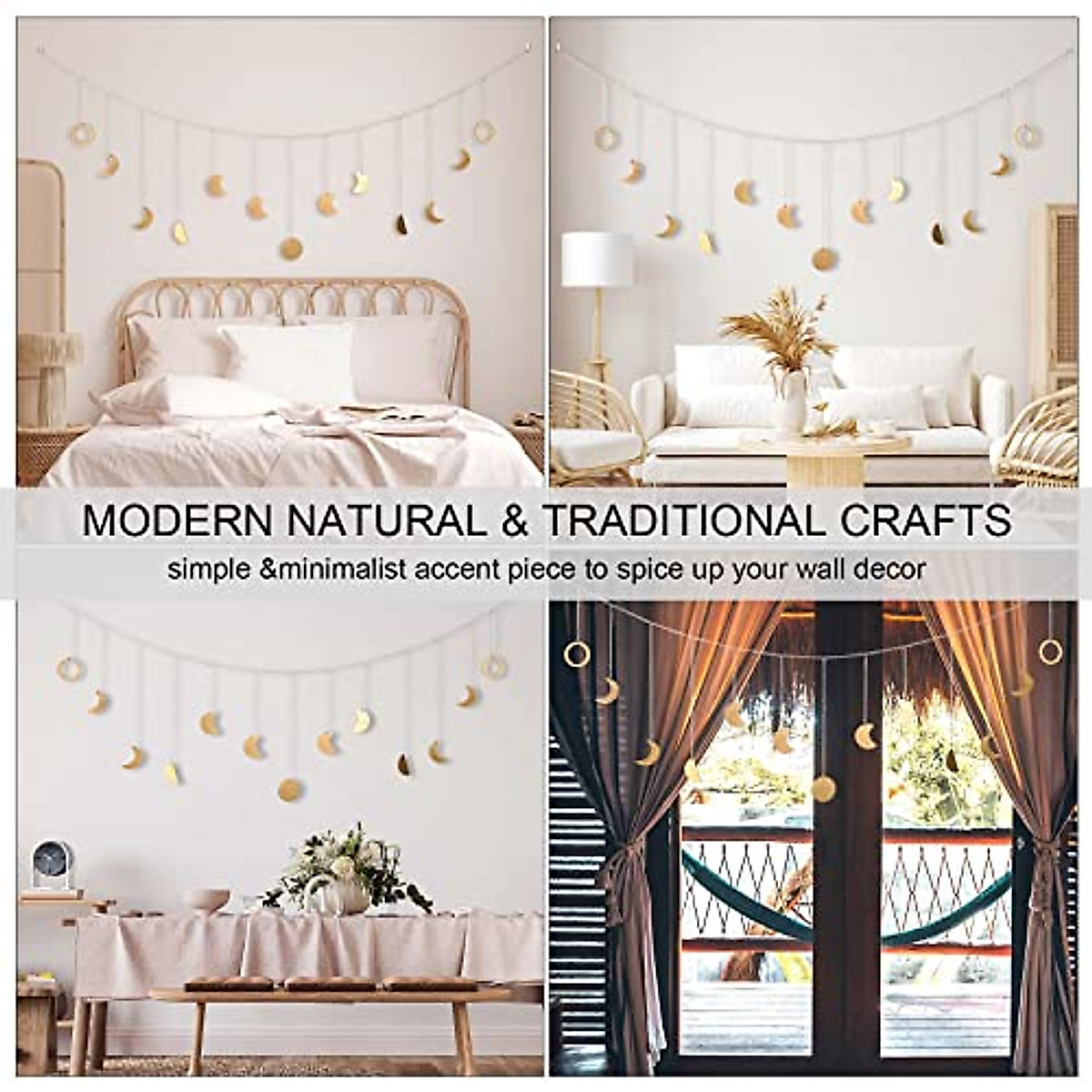 Moon Phase Wall Decor with LED String Light, 13 Gold Hammered Wood Boho Wall Hanging Decor Mood Garland 56'' - Celestial Phases Moon Decor in Bohemian Style for Bedroom Home Living Room Gift