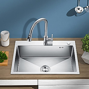 25" Drop-In or Undermount Single Bowl Kitchen Sink/Bar Sink with Pull-Down Faucet, Soap Dispenser, Drain Basket, Made of Stainless Steel (Steel)