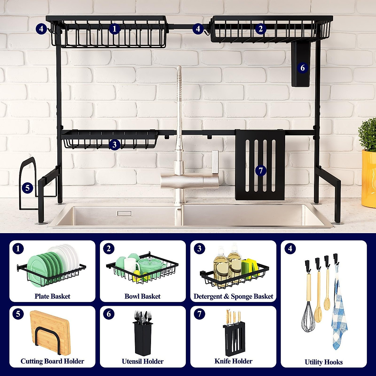 Kitsure Over The Sink Dish Drying Rack - 23.6" to 35"x21.2", Adjustable Sink Drying Rack for Kitchen Sink with Large Capacity, 2-Tier Dish Rack Over Sink with Multifunctional Baskets,Black