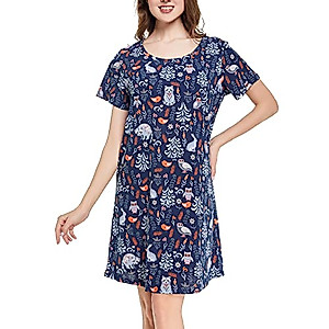 Tugege Women's Nightgown Short Sleeve Sleepshirts House Dress Sleepwear Casual Print Pajama (Navy&Owl, Large)