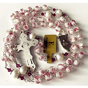elegantmedical Handmade Veluriyam Rose Beads & Pearl Beads Rosary & Italy Cross Catholic Necklace Gift Box (pink)