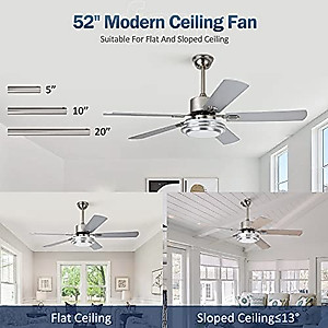Chriari 52 Inch Ceiling Fans with Lights Remote Control, Wood Low Profile Ceiling Fan with 5 Silver Blades Quiet Reversible DC Motor, Modern Ceiling Fan with 6 Speeds, Dimmable LED Light, Smart Timing