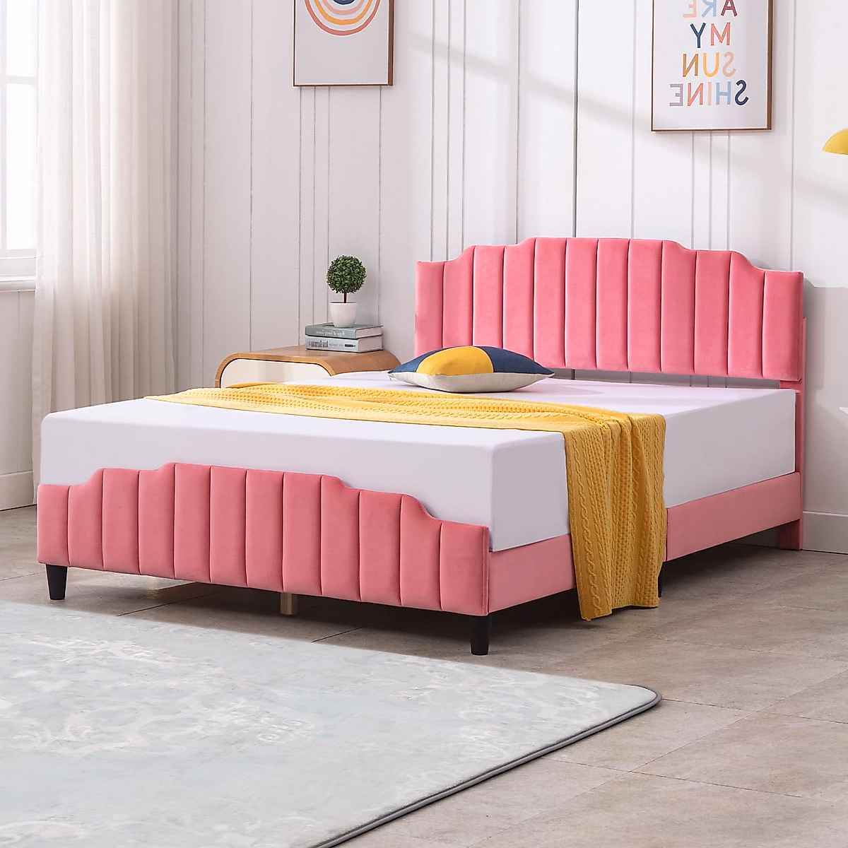 ZAFLY Full Size Bed Frame Kids, Modern Comfortable Pink Princess Bed Frames, Soft Headboard Padding& Wood Slats, Perfect for Girls’Rooms, No Box Spring Necessary (Princess)