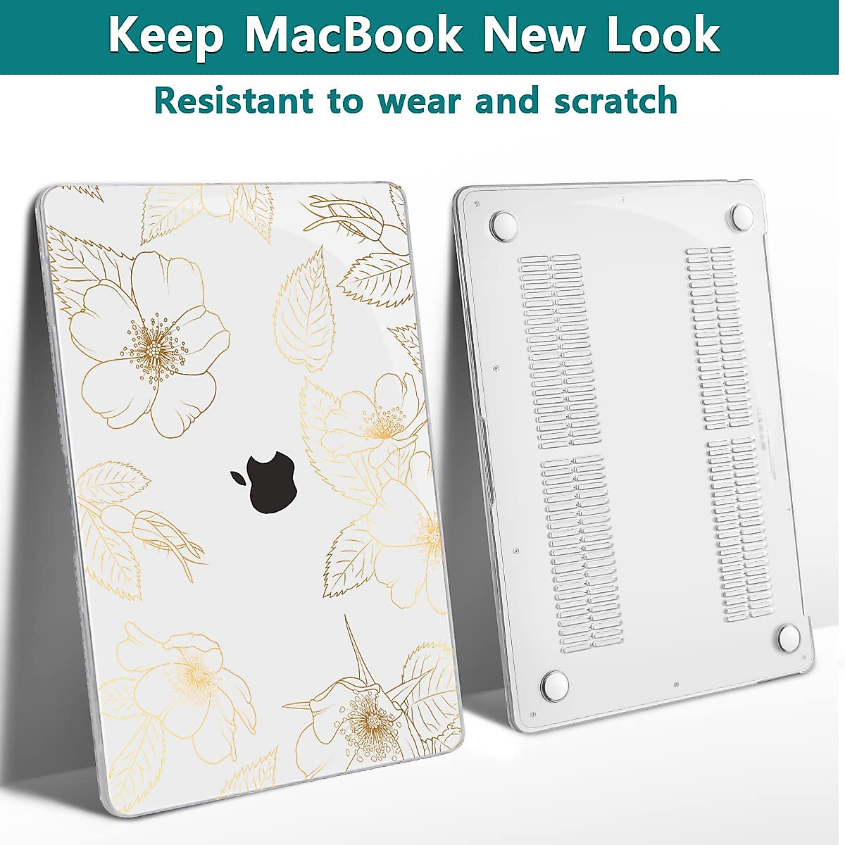 Teryeefi Compatible with 2018 2019 2020 MacBook Air 13 inch Case M1 Chip A2337 A2179 A1932 Retina Display Touch ID, Plastic Hard Shell & Keyboard Cover & Screen Protector,Gold Floral leaf