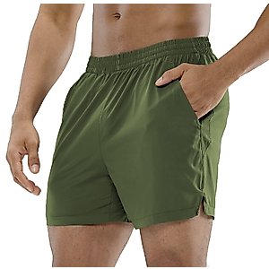 MIER Men's Workout Running Shorts Quick Dry Active 5 Inches Shorts with Pockets, Lightweight and Breathable, Army Green, L