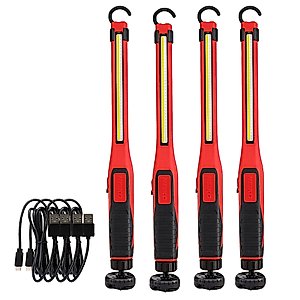 NEIKO 40344A Swivel Work Light | 2 in 1 Rechargeable Flash Light, 7W Adjustable COB LED and UV Blacklight, 4 Pack, 360 Degree Magnetic Flashlight w/Hooks, 150-650 Lumens, Mechanics Shop Light