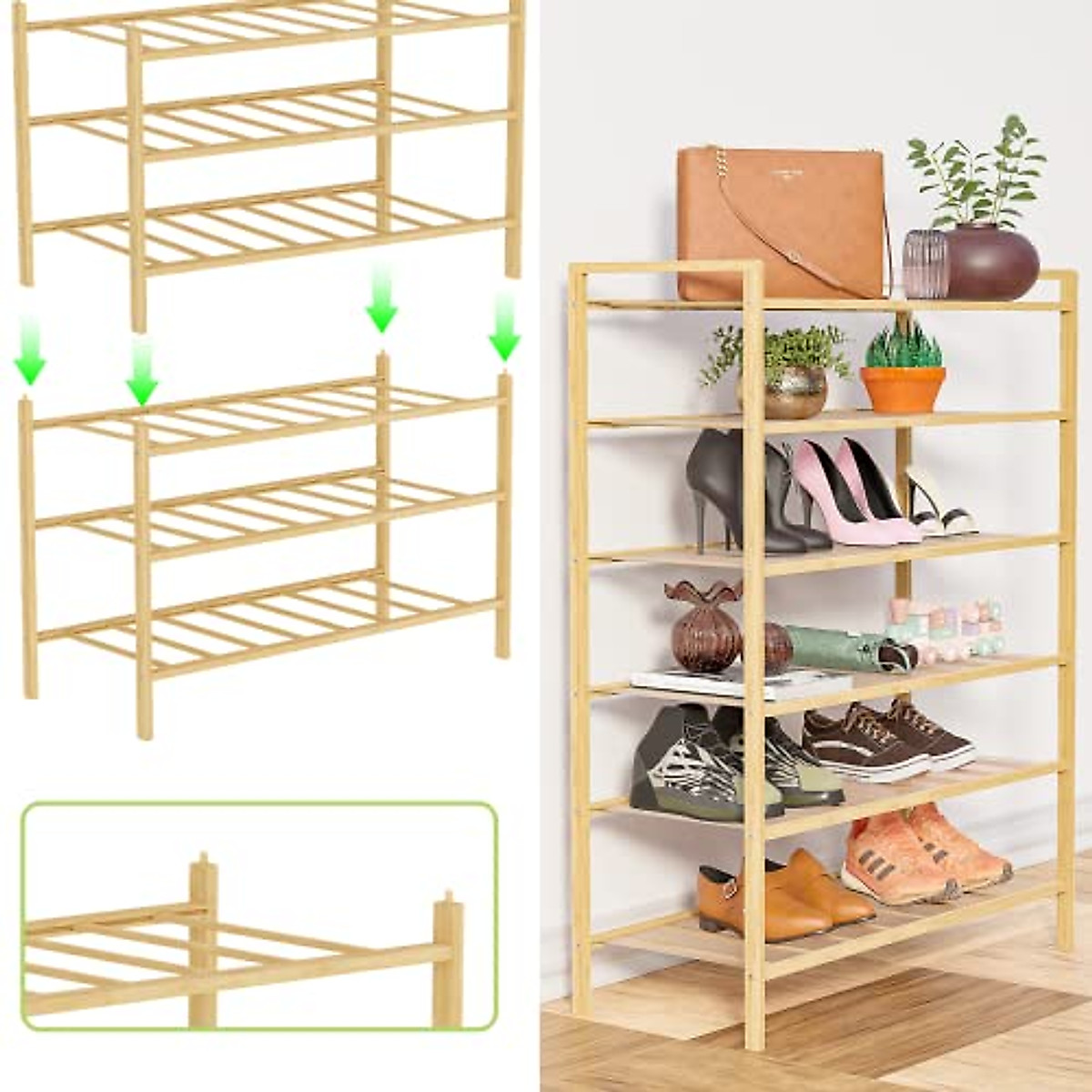 CoMokin 3-Tier Bamboo Shoe Rack with Side Pockets, Stackable | Sturdy | Multi-Function Shoe Shelf Storage Organizer for Closet Entryway Balcony Bathroom