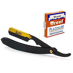 Classic Samurai CS-102 Matte Black Golden Head Stainless Steel Professional Barber Straight Edge Razor with 100 Treet Platinum Single Edge Razor Blades