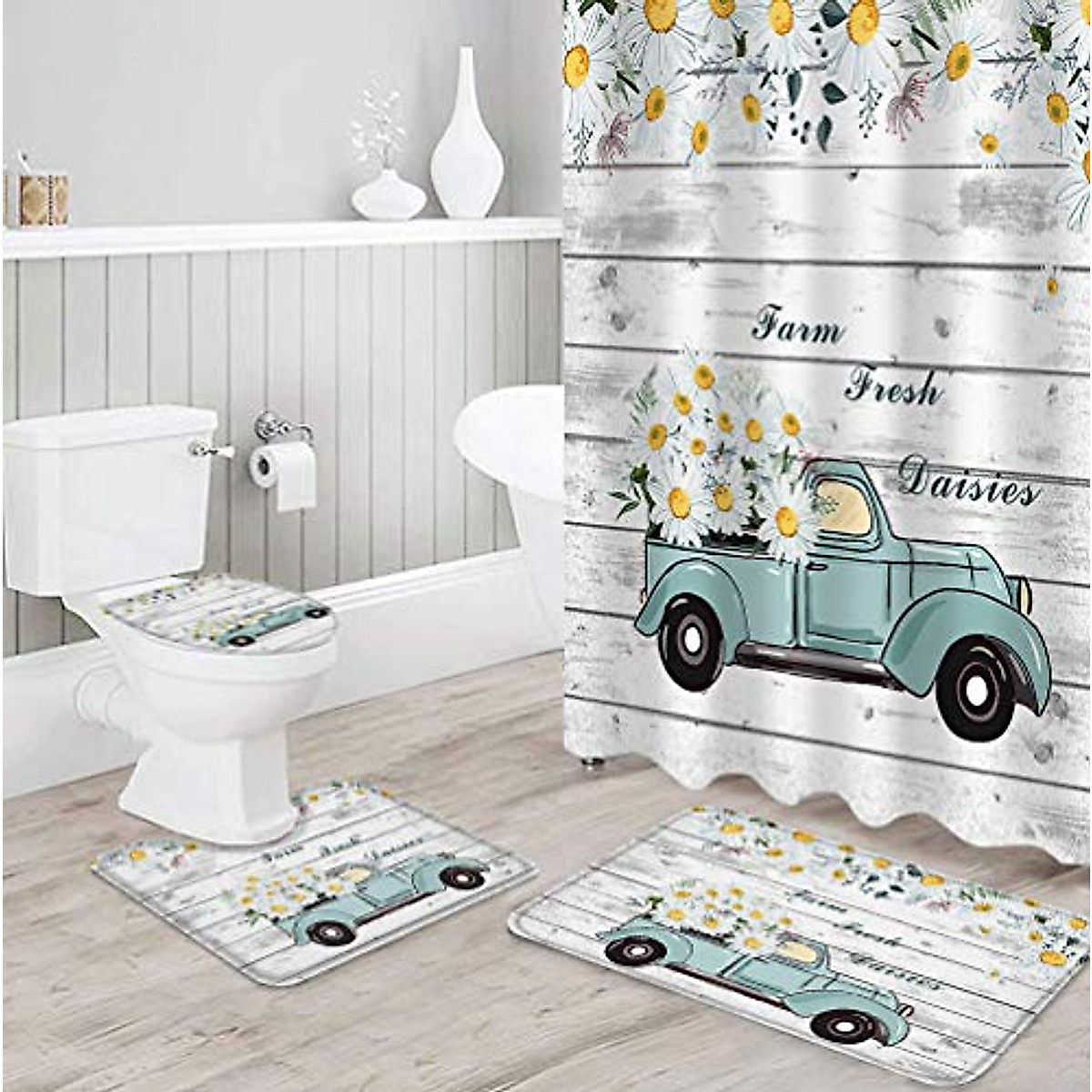 Xback 4 Piece Shower Curtain Sets for Bathroom, Farm Fresh Daisies Blue Truck Fresh Pastoral Style Retro Wood Board Machine Washable Bath Curtain with Non-Slip Rugs, Toilet Lid Cover and Bath Mat