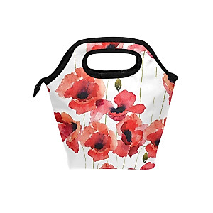Naanle Floral Flower Insulated Zipper Lunch Bag Cooler Tote Bag for Adult Teens Kids Girls Boys Men Women, Poppy Lunch Boxes Lunchboxes Meal Prep Handbag for Outdoors School Office