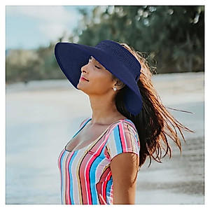Andiker Women Roll Up Sun Visors Hat, Fordable Wide Brim Ponytail Beach Hat with A Storage Bag, Adjustable Straw Hat with Bow for Summer (Navy)