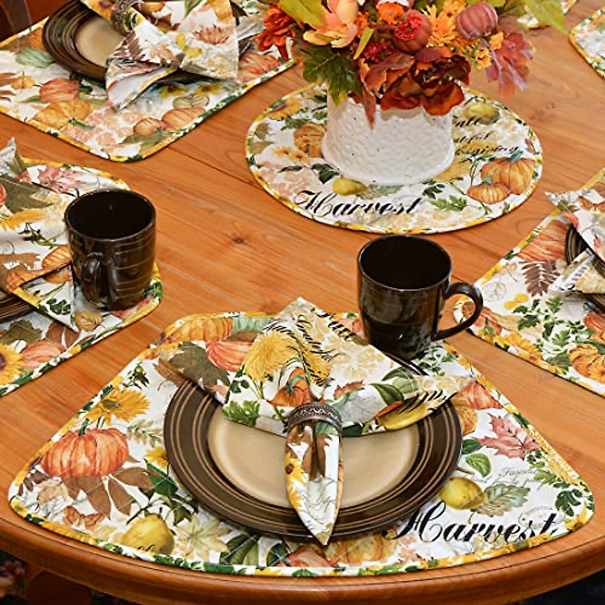 Sweet Pea Linens Quilted Bright Fall, Harvest, Sunflower and Pumpkin, Wedge-Shaped Placemats - Set of Four Plus Center Round-Charger