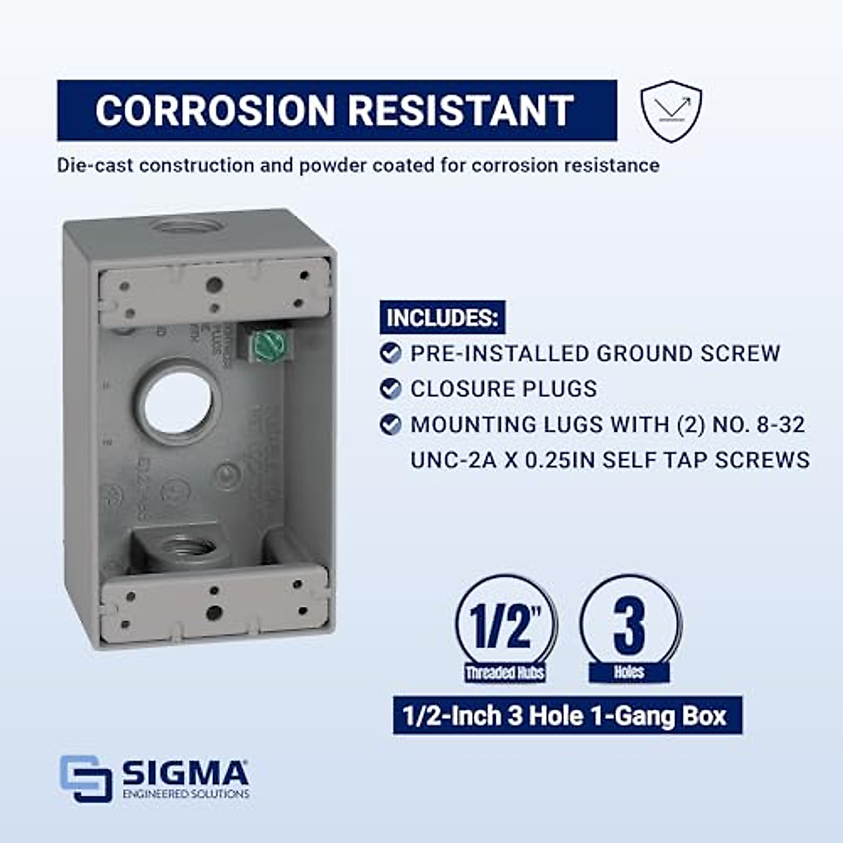 SIGMA ENGINEERED SOLUTIONS 14250 Metal Electrical Outlet Box, Weatherproof, Easy Mount Plug and Receptacle Protector, Gray, (3) 1/2-Inch Holes, 1 Gang Box