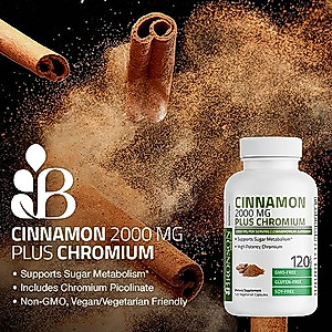 Bronson Cinnamon 2000 MG per Serving Plus Chromium Supports Sugar Metabolism, High Potency Chromium, Non-GMO, 60 Vegetarian Capsules
