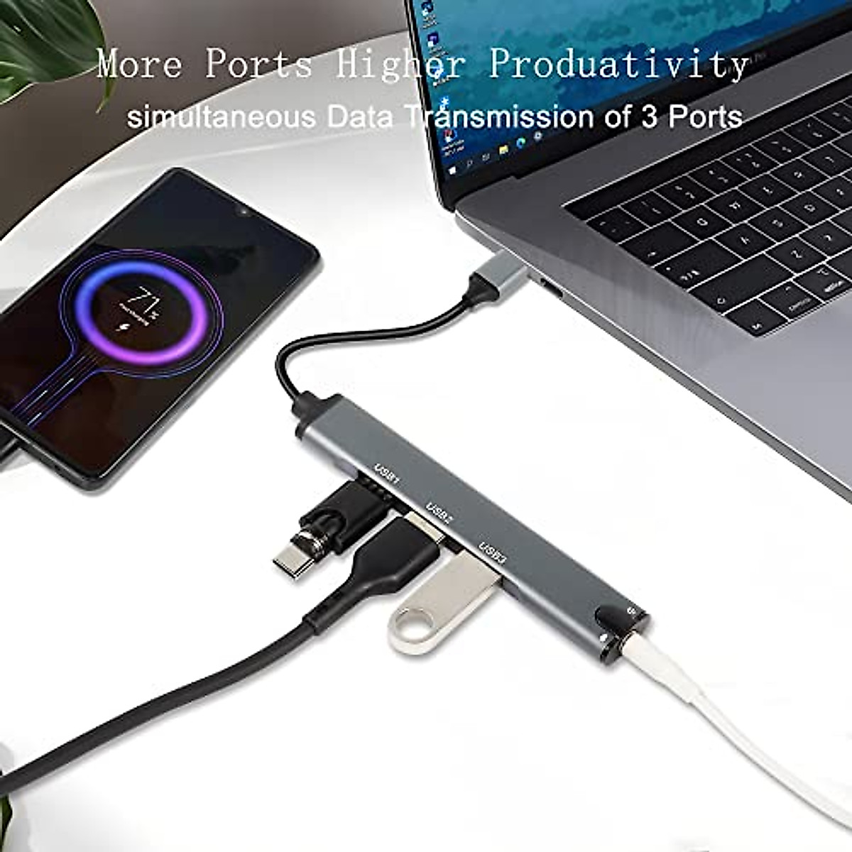 QIANRENON USB Hub, 4-in-1 USB Docking Station with 3.5mm Audio Headphone + Microphone Jack Hub Adapter USB 3.0 Multiport Allocator for Laptop Phone Headphone