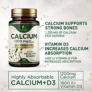 Calcium 1200 mg with Vitamin D3, Calcium Supplement Vitamins, Supports Bone Strength, Teeth & Immune System, Calcium Supplements for Women & Men, Nature's Absorbable Calcium Carbonate - 180 Tablets