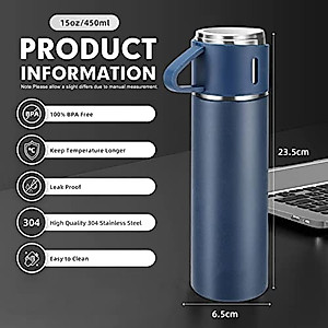 Coffee Thermos Stainless Steel Vacuum-Insulated Water Bottle, 500ml/16.9oz Insulated Bottle with Cup for Hot & Cold Drink Travel Mug (Blue, Three Cup)