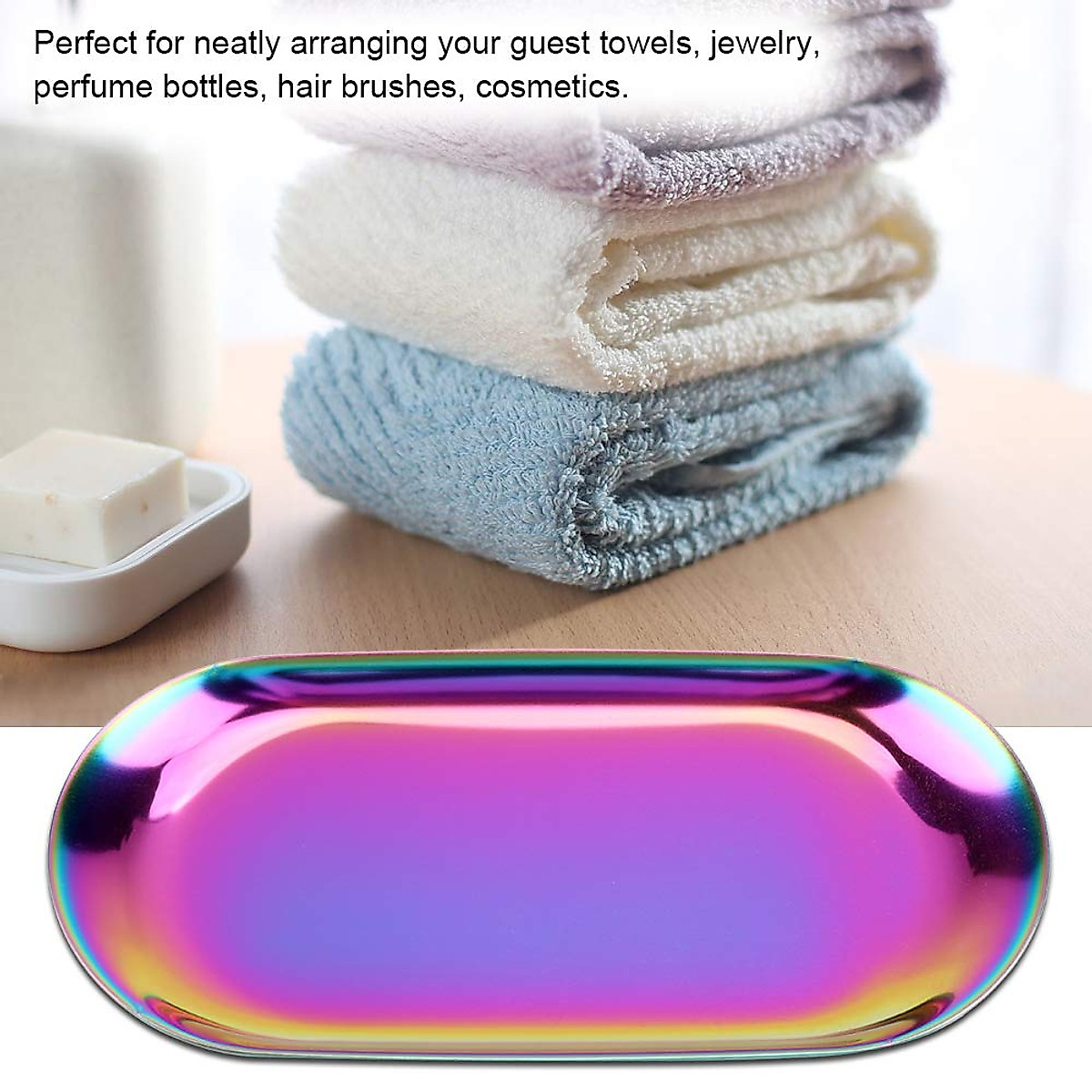 Fdit Nordic Style Storage Tray Cosmetics Jewelry Stainless Steel Cake Plate for Home Kitchen(Rainbow L)