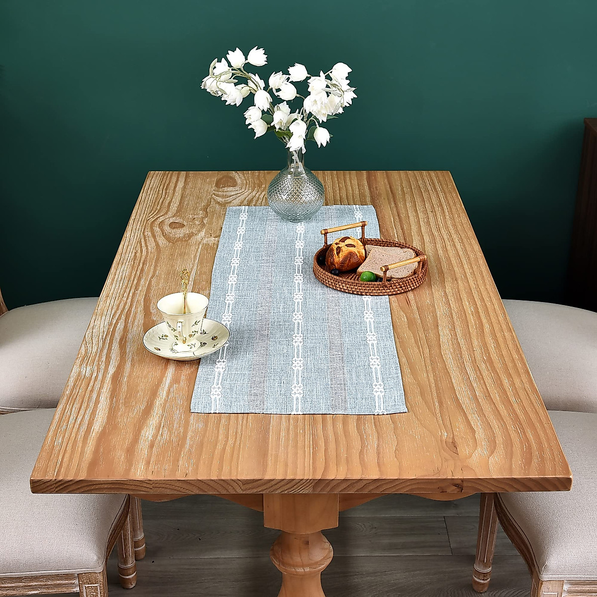 Farmhouse Braided Striped Linen Table Runner Rustic Hollow Woven Embroidered Boho Rectangle Table Runners for Dining Table Dresser Decor Grey and Blue 13x36inch