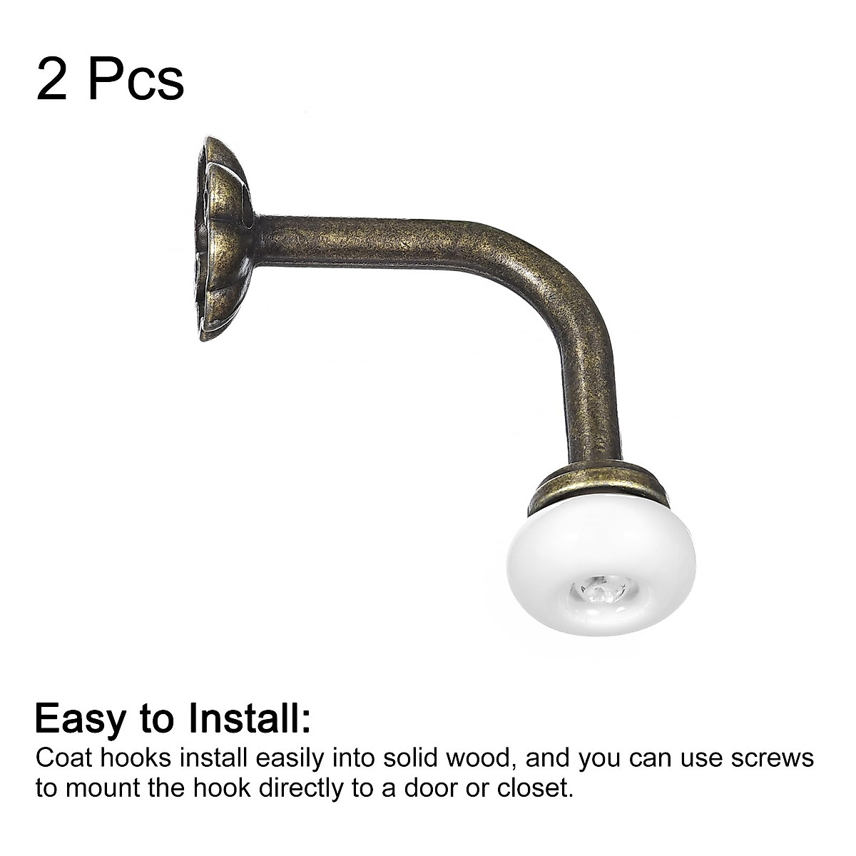 uxcell Wall Hooks, 2Pcs - Zinc Alloy Single Prong Ceramic Handle Clothes Hook, Bronze Hooks for Hanging Towel Coat Backpack Scarf Keys Hat (White,75x65mm)