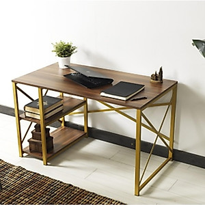 Complete Computer Workstation Desk with Storage Furnish Home Store Gold Metal Frame 47" Wooden Top 2 Shelves Writing and Computer Desk for Home Office (Black)