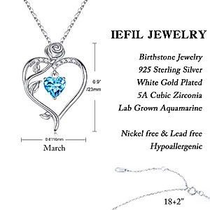 Iefil March Birthstone Necklace for Women, Blue Aquamarine Necklace Rose Love Heart Birthstone Jewelry Mothers Valentines Day Christmas Anniversary Birthday Gifts for Mom Wife Her