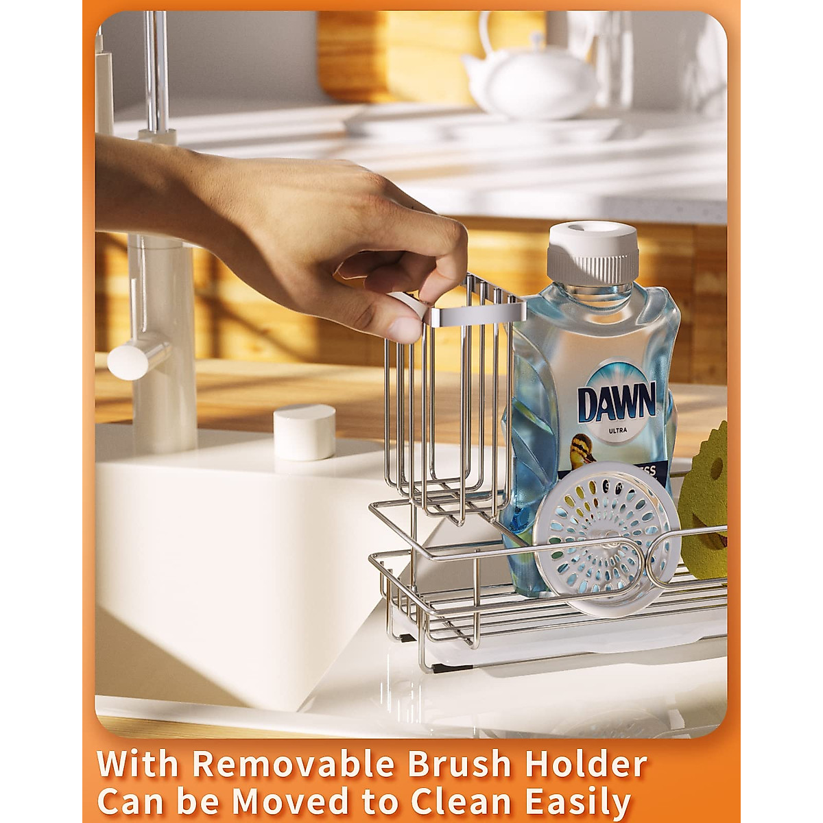 SWTYMIKI Sink Caddy Kitchen Sink Organizer, 304 Stainless Steel Sponge Caddy for Kitchen Sink with Removable Brush Holder Dish Sponge Holder with Drawer Drain Tray for Kitchen Tabletop, Silver