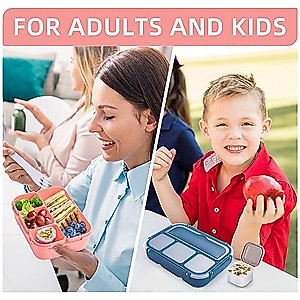 QQKO Bento Lunch Box for Adult Men Women, Toddler Kids Lunch Boxes for School Girls Boys, Lunch Containers for Adults Kids with 4 Compartments, Sauce Container, Utensils and Muffin Cups, Pink