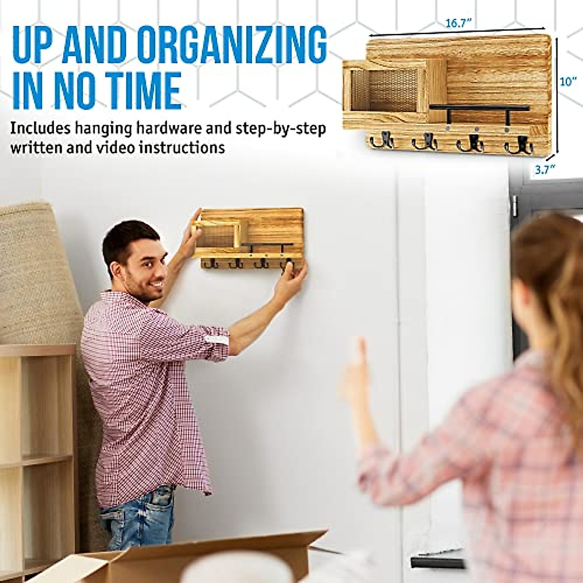 WallKeep Mail and Key Holder for Wall with Decorative Key Hooks - Wall Mount in Entryway, Mudroom or Office. Solid Wood Mail Organizer Floating Shelf Key Rack, Leash Holder and Key Hanger for Wall.