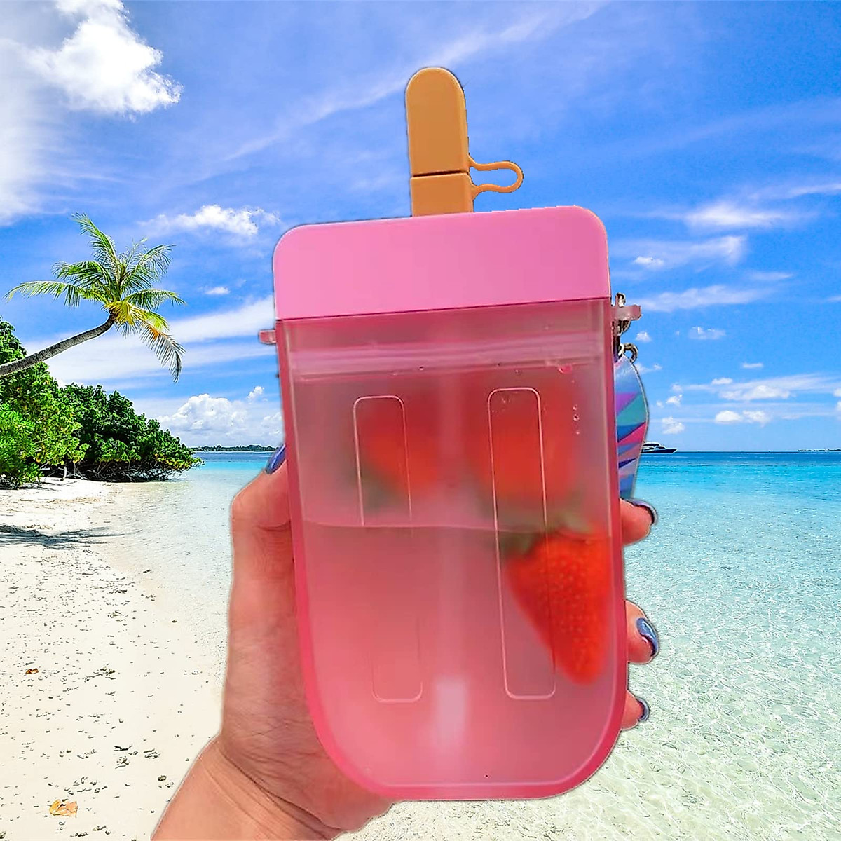 JGMLZK Cute Water Bottles with Straws Leakproof Silicone Popsicle Bottles with Shoulder Strap Creative Ice Cream Plastic Popsicle Drink Water Bottles Transparent Water Jug,Suitable for Adult Children