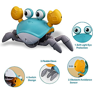 FUNDISINN Crawling Crab Baby Toy with Music and Light, Tummy Time Walking Crab with Sensor Obstacle Avoidance, USB Rechargeable, Fun Moving Toy for Babies, Toddlers and Kids(Green)