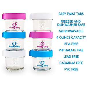 PreppyBaby 4 oz Glass Baby Food Storage Containers with Lids - Pack of 12 Reusable Dishwasher & Microwave Safe Food Jars w/ 2 Bamboo Infant Spoons, Recipe Booklet & Non-Toxic Easy Erase Marker (Pink)