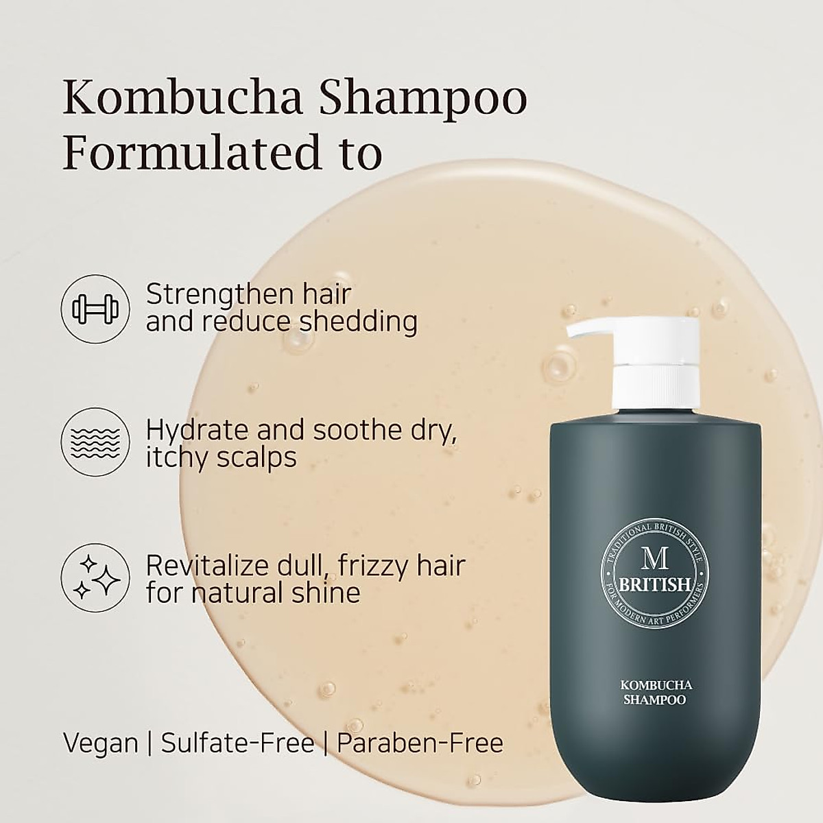 BRITISH M Kombucha Shampoo 25.36 fl. oz – Scalp Detox, Hydrate & Strengthen, Promote Hair Growth, Paraben & Sulfate-Free, Vegan Formula for All Hair Types