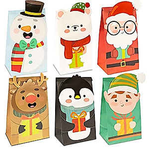 Uptotop Christmas Candy Bags, 24 Pack 2D Christmas Treat Bags with 6 Assorted Designs, Xmas Kraft Paper Bags for Holiday Cookie Candy Party Favor Supplies Decor