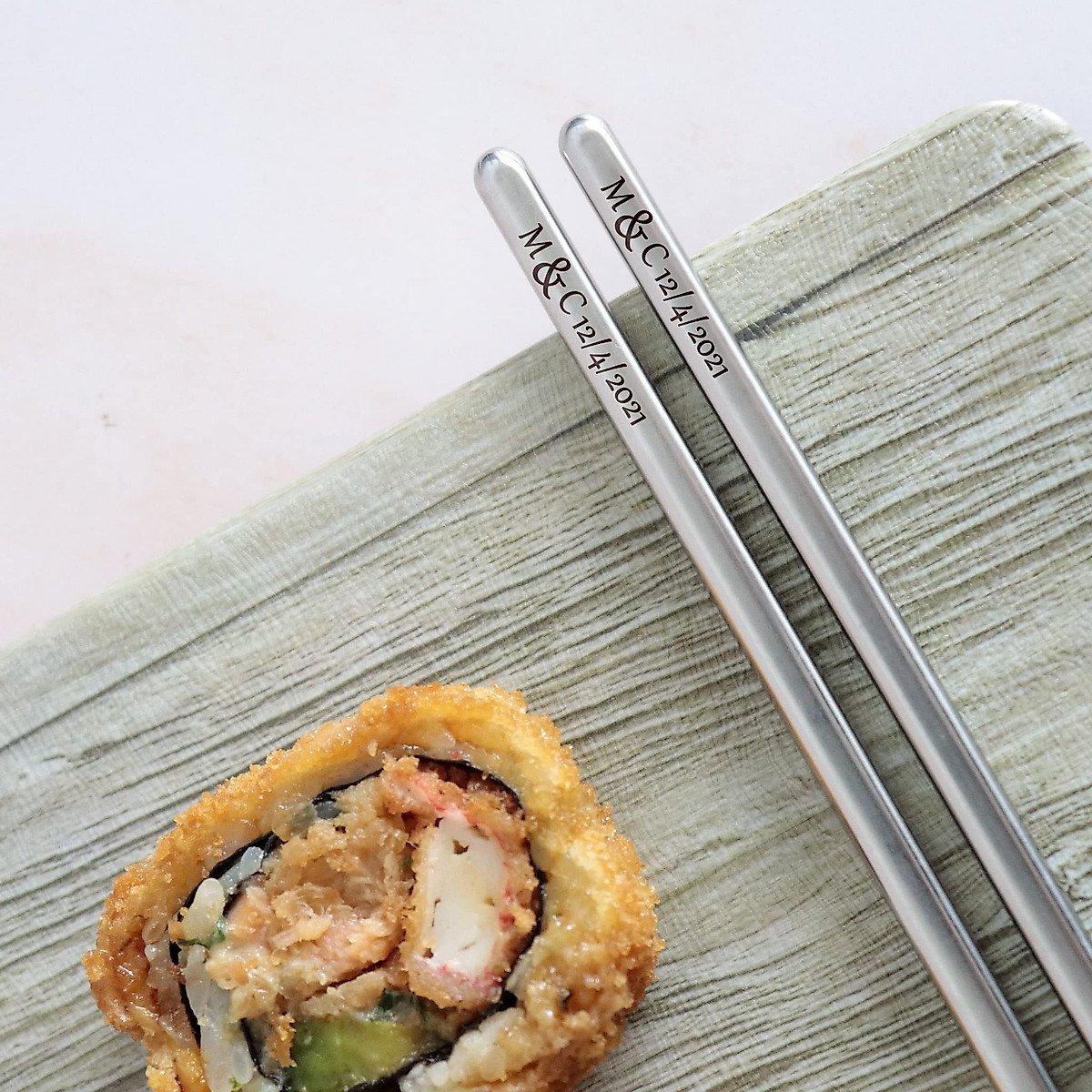 Set of custom reusable metal chopsticks engraved japanese stainless steel dinnerware utensils lot for new home, gifts, party favors, wedding goodie bags, engagements