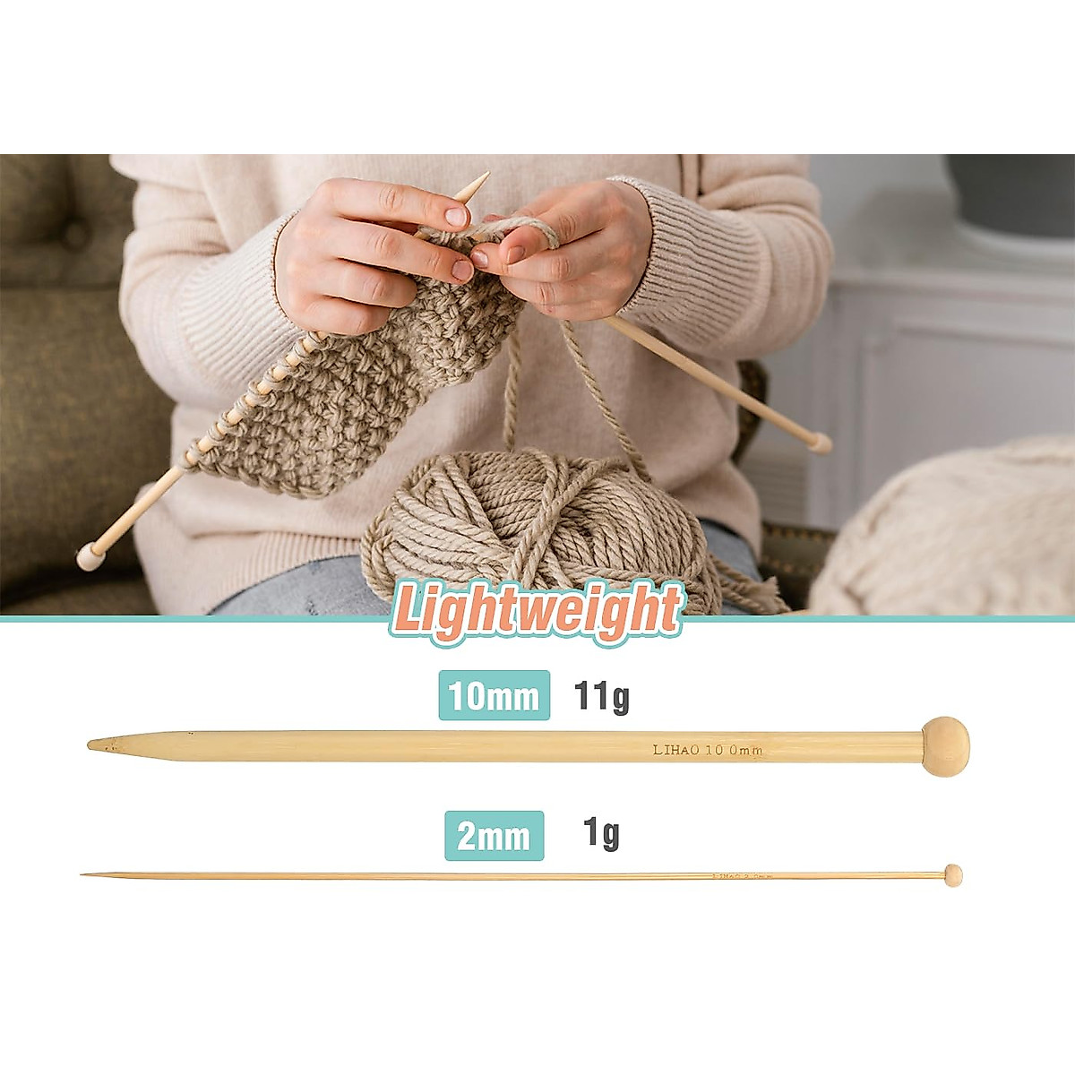 LIHAO 36 PCS Bamboo Knitting Needles Set (18 Sizes From 2.0mm to 10.0mm)