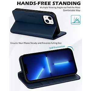 SHIELDON Case for iPhone 13 6.1", Genuine Leather iPhone 13 Wallet Folio Case with Kickstand RFID Blocking Card Holder Magnetic Full Protection Shockproof Case Compatible with iPhone 13 5G - Navy Blue