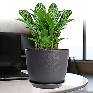 UOUZ 12/10/9 Large Modern Plant Pots, Plastic Planters with Drainage Holes and Saucers for Indoor Outdoor Plants Flowers, Black