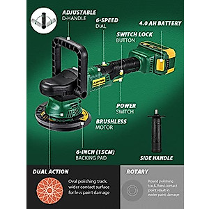 ALEAPOW P10 Cordless Buffer Polisher, 20V Brushless Car Polisher, 4.0Ah Battery, 6 Speed 2000-5500 RPM, Dual Action, D-Handle, Side Handle, Charger, with 4 Pads for Car Polishing, Waxing