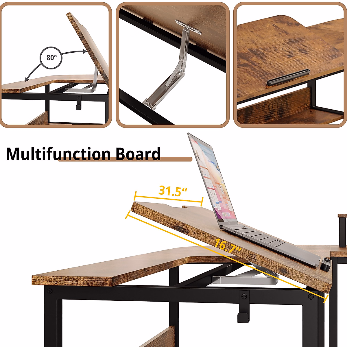 IRONCK L Shaped 70.8" Computer Corner Desk with LED and Power Outlets, 95" I-Shaped Two-Person Reversible Drafting Table with Storage Shelves & Monitor Stand for Home Office, Bedroom, Brown