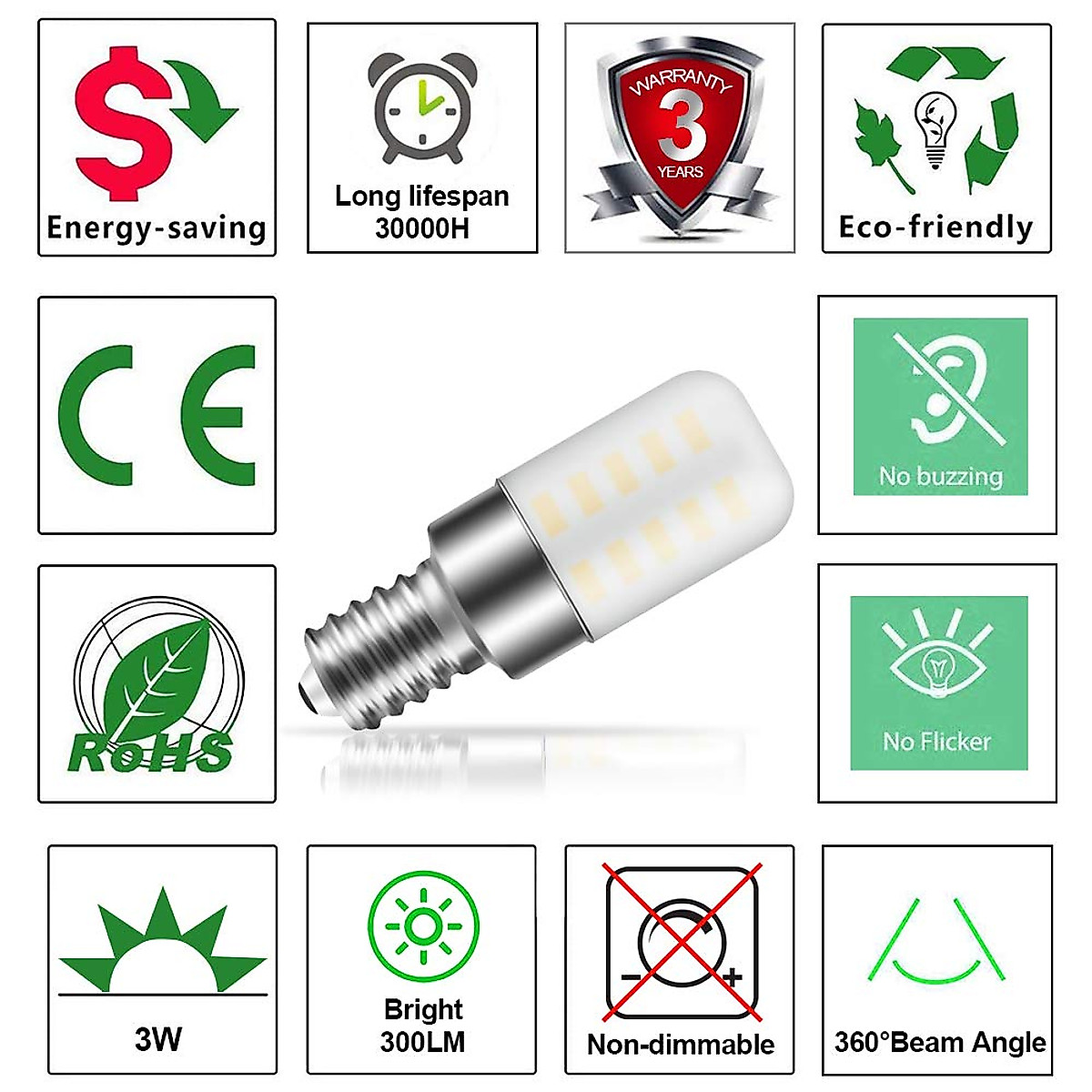 E12 LED Bulb 3W E12 Candelabra Bulbs Equivalent to Halogen Bulb 25W 120V Warm White 3000K C7 Bulb Candle Base for Chandeliers, Ceiling Fan, Dryer Drum, Himalayan Salt Lamps, Refrigerator (2-Pack)