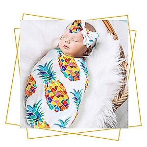 LINFON Newborn Baby Sleep Print Swaddle Blanket Large and Bow Headband Value Set Receiving Blankets (Pineapple)