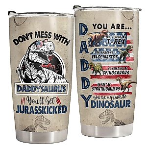 34HD Daddysaurus Tumbler with Lid, 20oz Stainless Steel Insulated Dinosaur Dad Mug, Funny Daddy Drinking Cup, Birthday Christmas Father Day Gifts for New Papa Bonus Dad Husband Grandpa