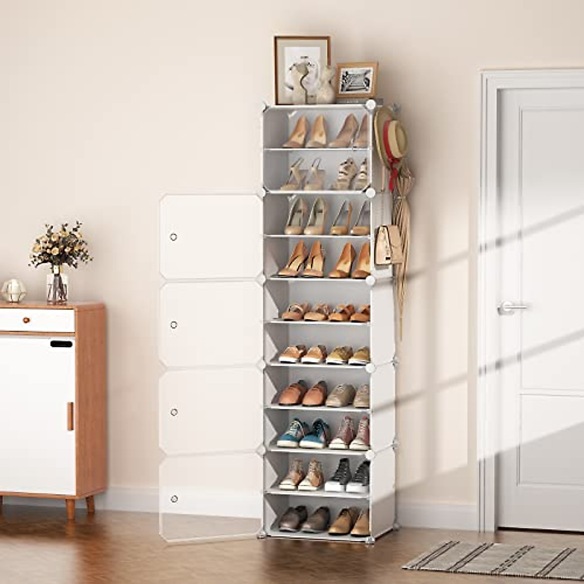LANTEFUL 10 Tiers Tall Shoe Rack 20 Pair Shoe Organizer Narrow Shoe Rack with Door Portable Shoe Storage Cabinet with Hooks Sturdy Plastic White Shoe Rack for Entryway and Bedroom