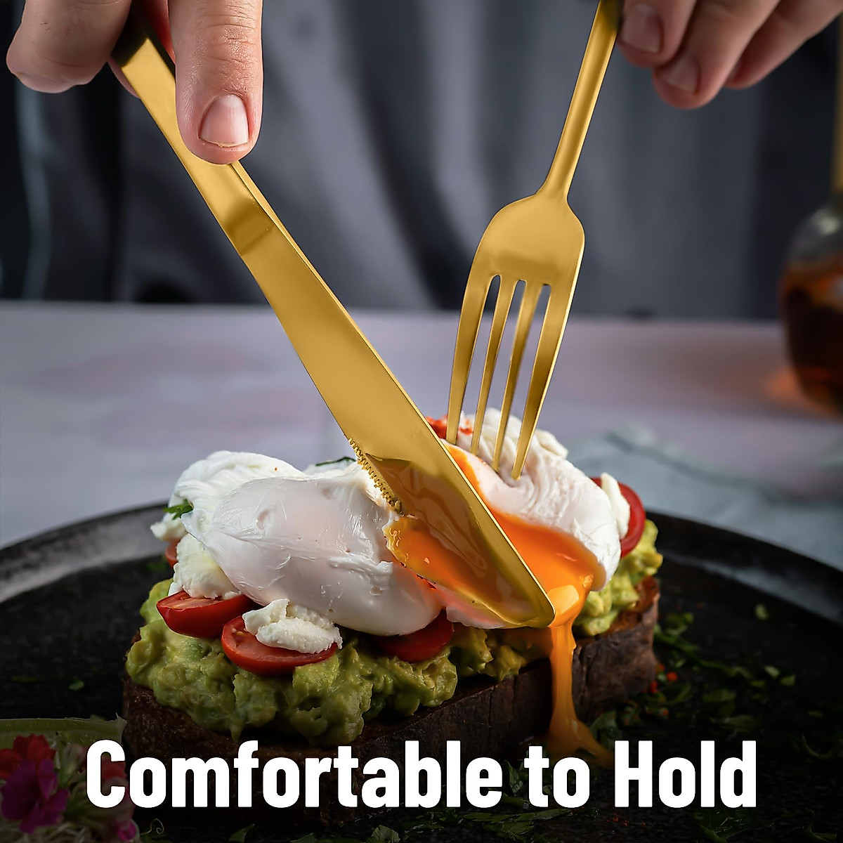 SDOM Silverware Set, Mirror Finish 24-Piece Stainless Steel Rounded Flatware Set for 6, Food-Grade Tableware Cutlery Set, Utensil Sets for Home Restaurant, Dishwasher Safe（Gold）