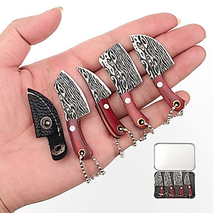 Coitak Damascus Pocket Knife Set, Mini Chef Knife Set, Tiny Keychain Knife with Sheath for Package Opener Box Cutter, Set of 4